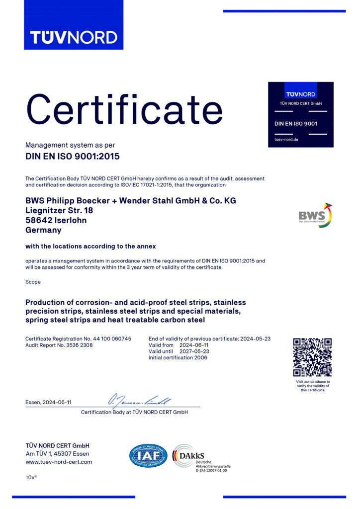 2027 BWS Certificate DIN EN ISO 9001 | BWS – Das Service Walzwerk